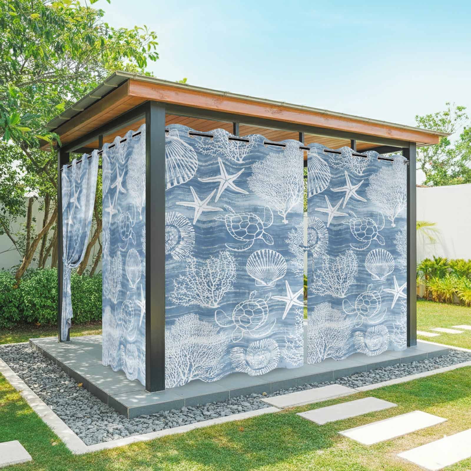 Blue Coastal Outdoor Curtains for Patio Waterproof, Grommet Outdoor ...