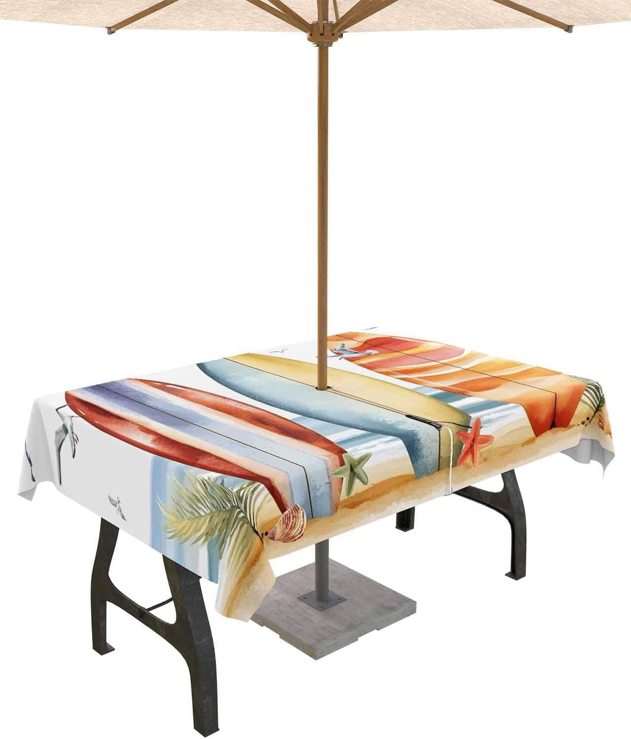 Blue Coastal Outdoor Tablecloth with Umbrella Hole Rectangle,White ...