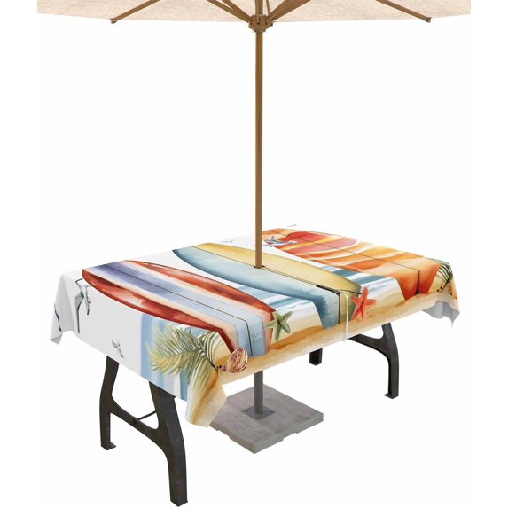 Blue Coastal Outdoor Tablecloth with Umbrella Hole Rectangle,White ...