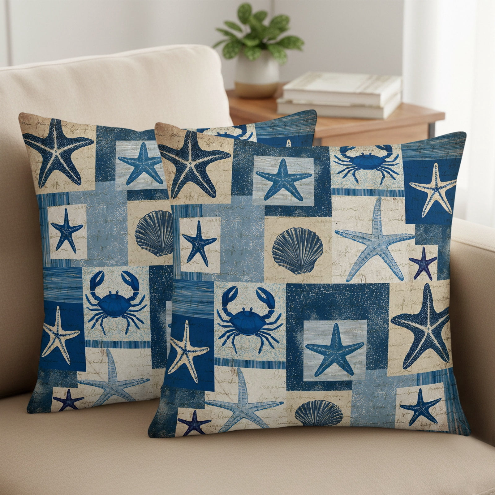 Blue Coastal Pillow Covers Set of 2, Summer Ocean Shell Crab Retro ...