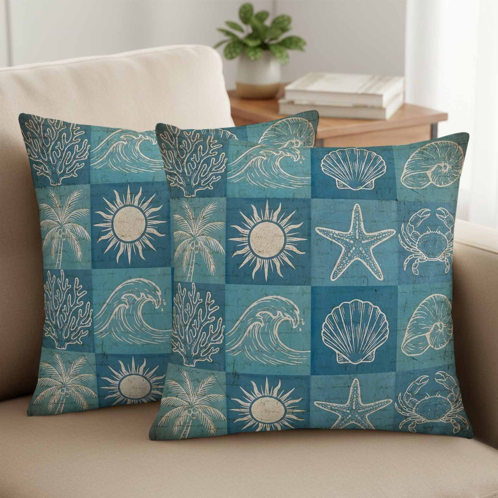 Blue Coastal Pillow Covers Set of 2, Summer Ocean Waves Shell Crab ...