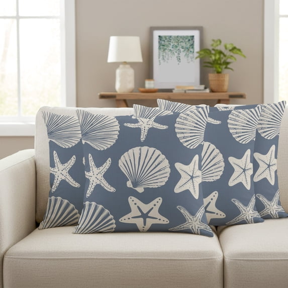 Blue Coastal Pillow Covers Set of 4, Starfish Shell Ocean Nautical ...