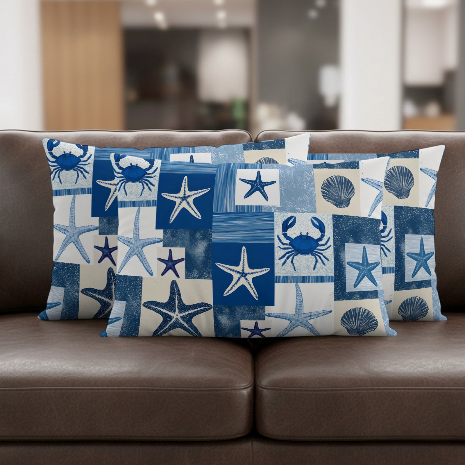 Blue Coastal Pillow Covers Set of 4, Summer Ocean Shell Crab Ocean ...