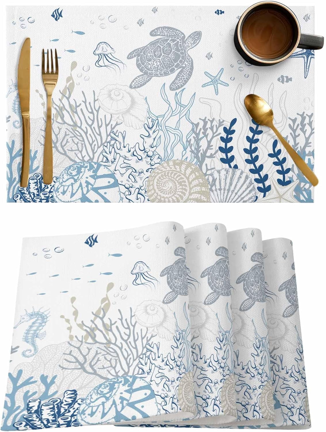 Blue Coastal Placemats Set of 4, Nautical Summer Beach Placemats for ...