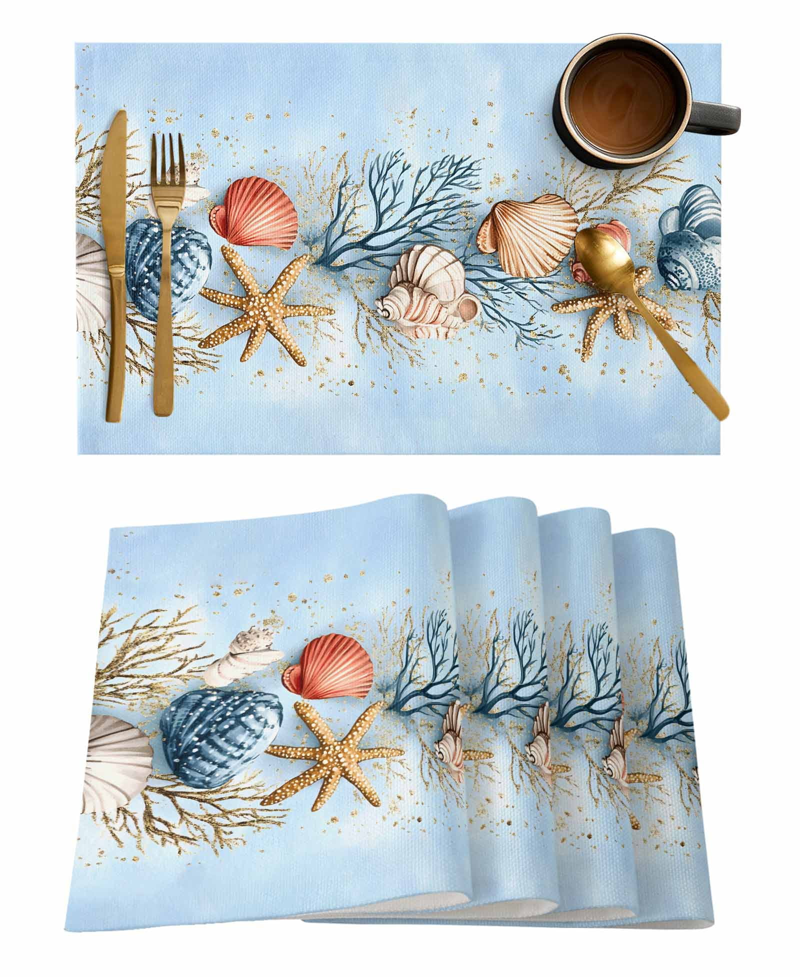 Blue Coastal Placemats Set of 4, Summer Nautical Beach Conch Starfish ...