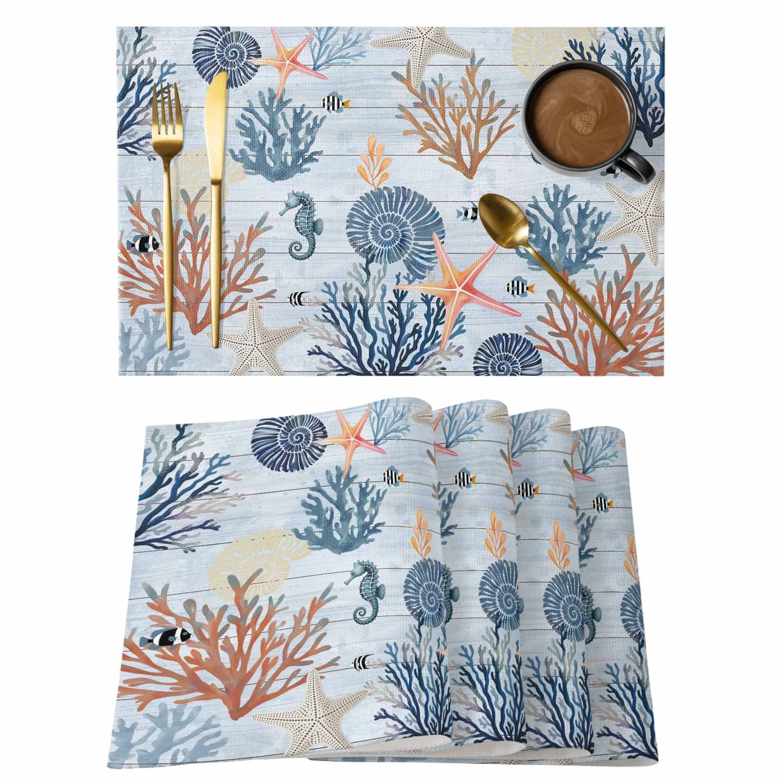 Blue Coastal Placemats Set of 8, Coral Shell Starfish Seahorse Summer ...