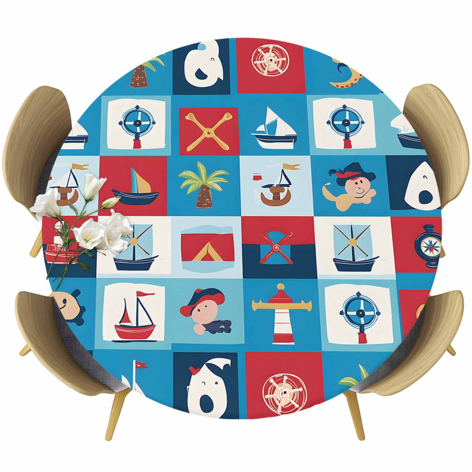 Blue Coastal Plaid Round Tablecloth 55-60 Inch Round Fitted Table Cloth ...