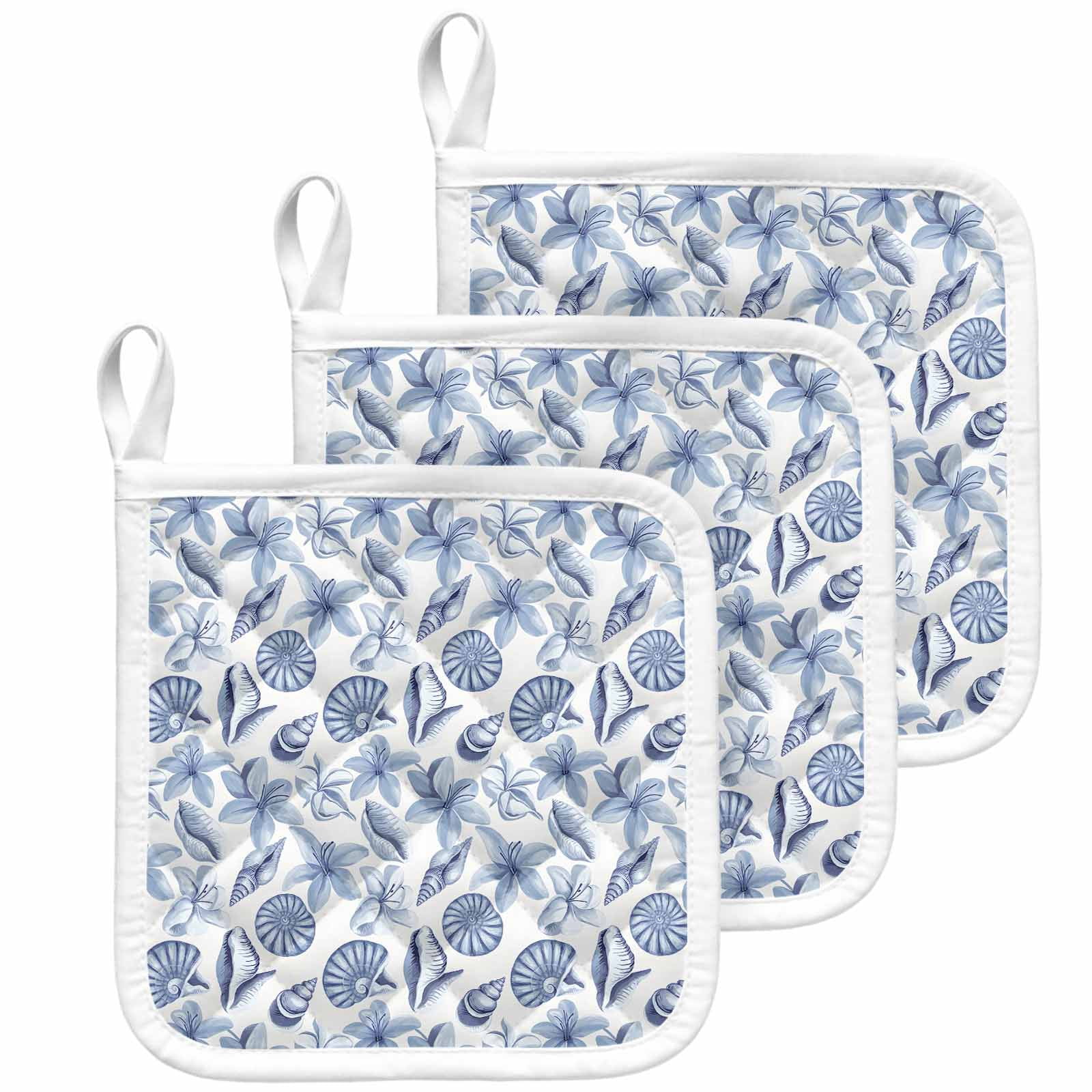 Blue Coastal Pot Holders for Kitchen Heatproof Potholder, 3 Pack Shell ...