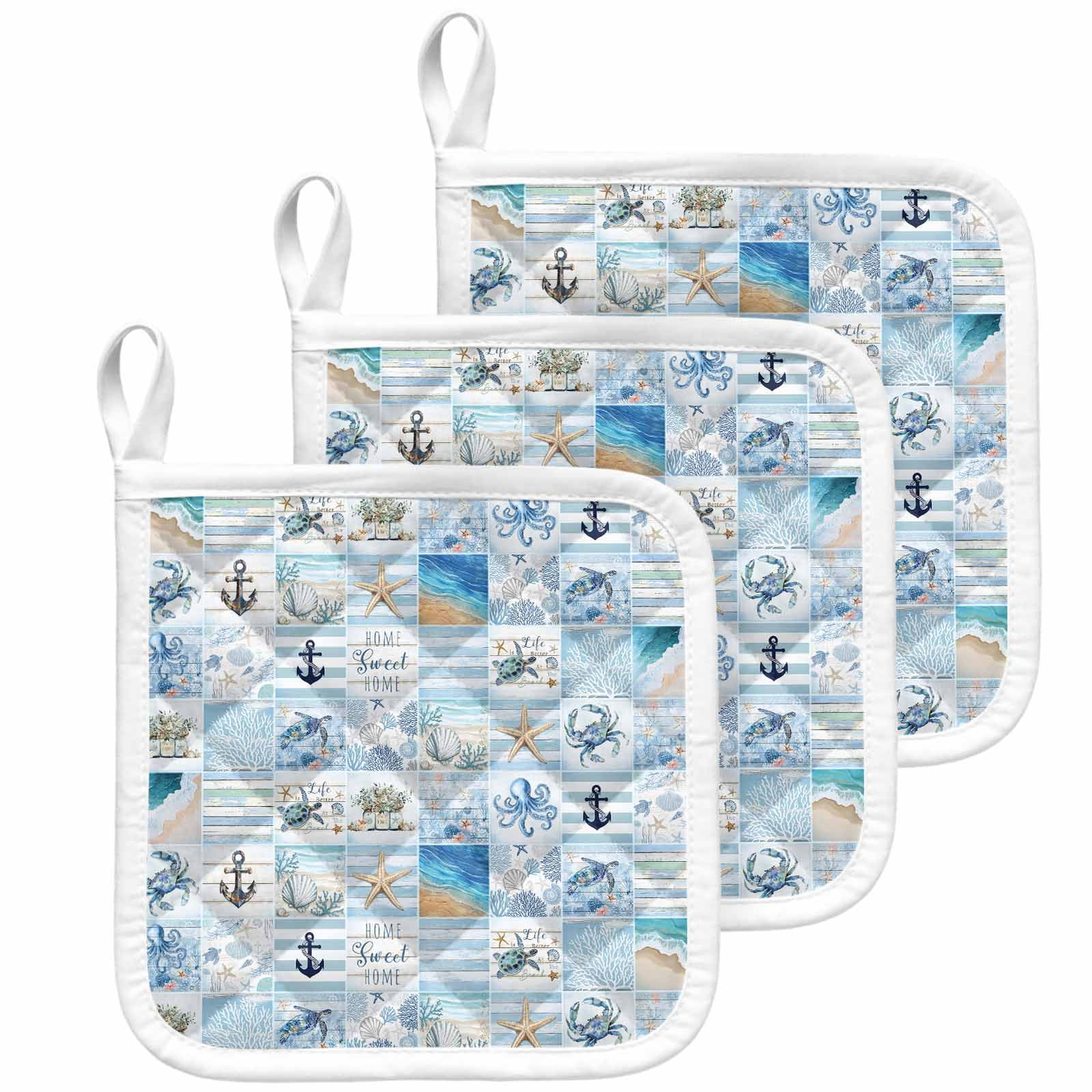 Blue Coastal Pot Holders for Kitchen Heatproof Potholder, 3 Pack Turtle ...