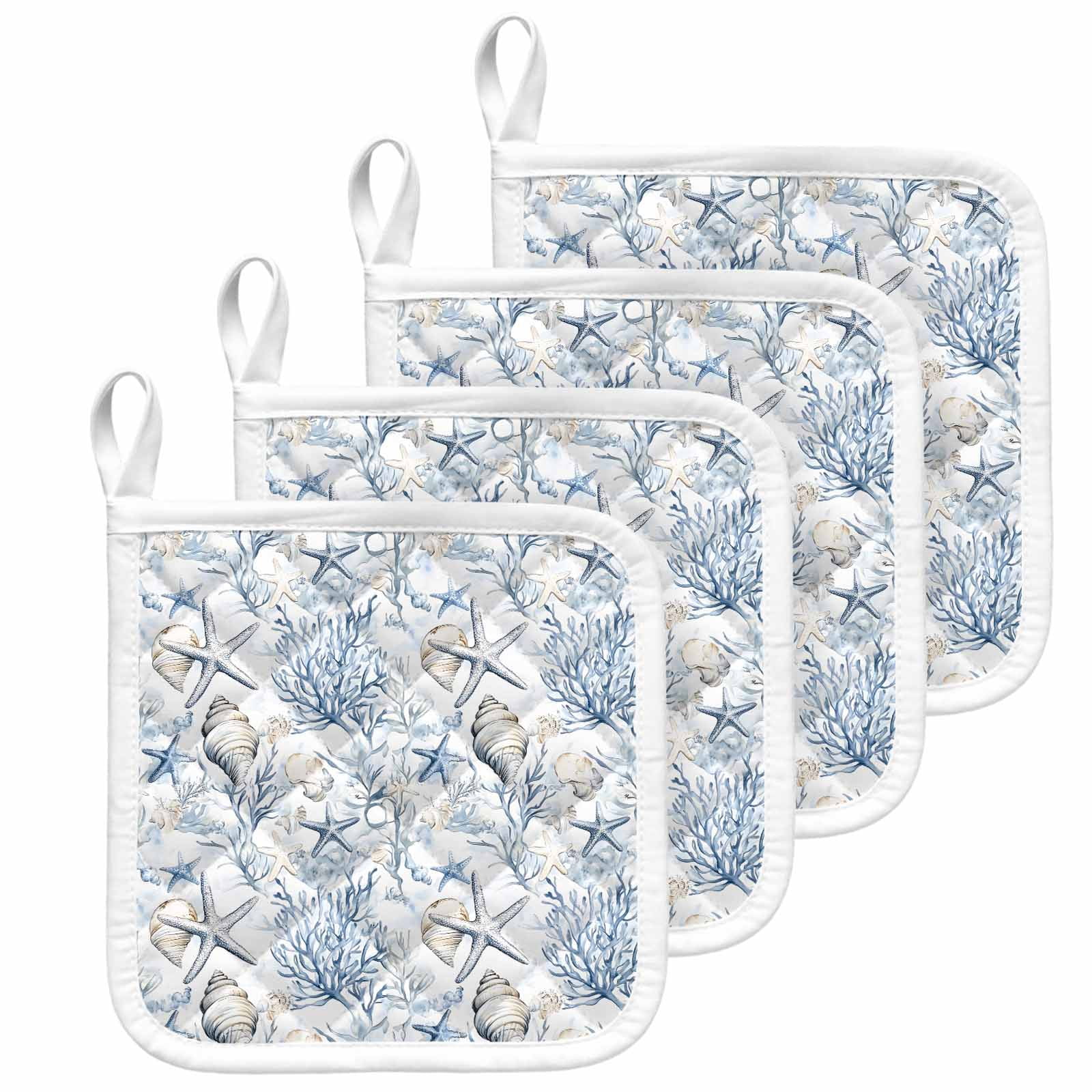 Blue Coastal Pot Holders for Kitchen Heatproof Potholder, 4 Pack Ocean ...