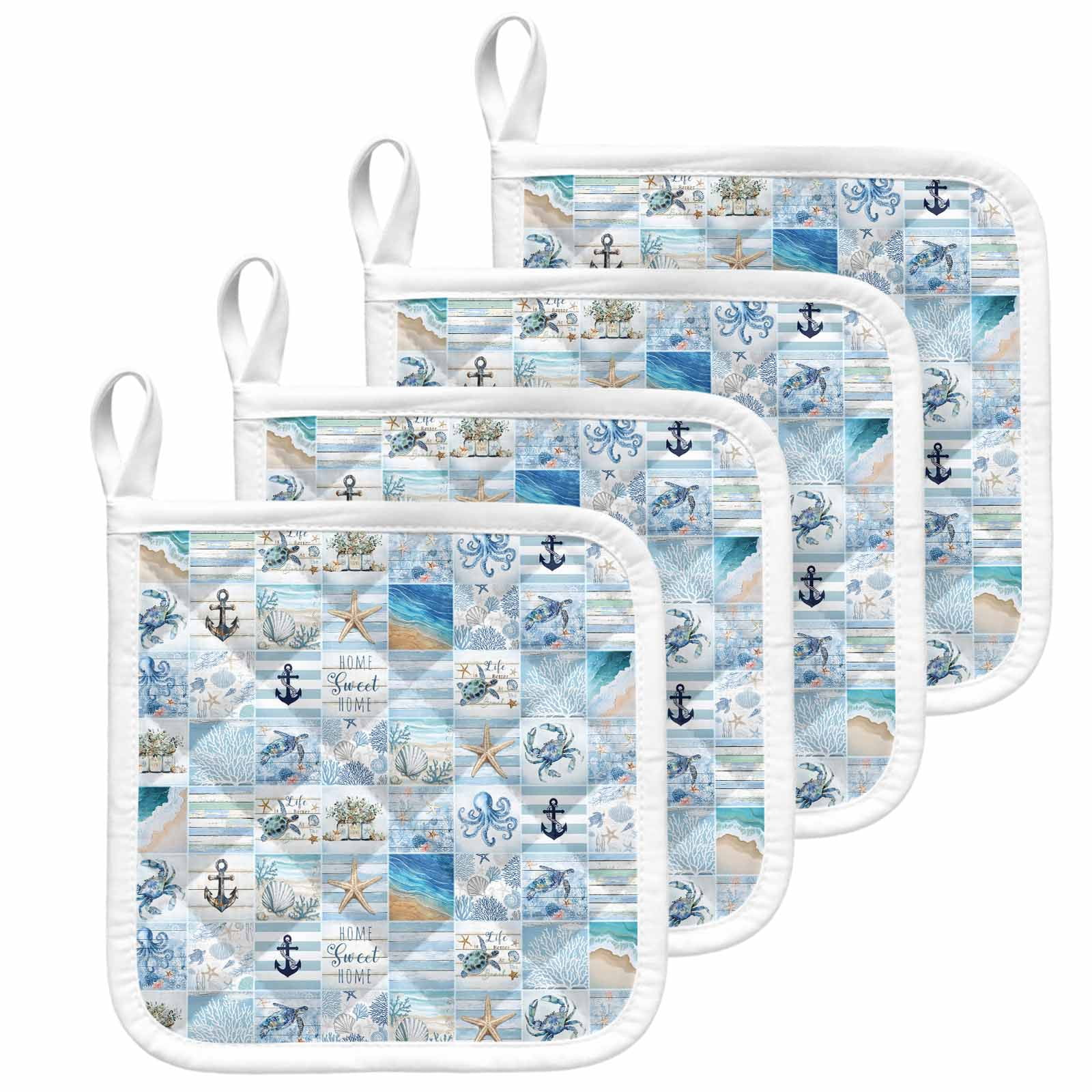 Blue Coastal Pot Holders for Kitchen Heatproof Potholder, 4 Pack Turtle ...