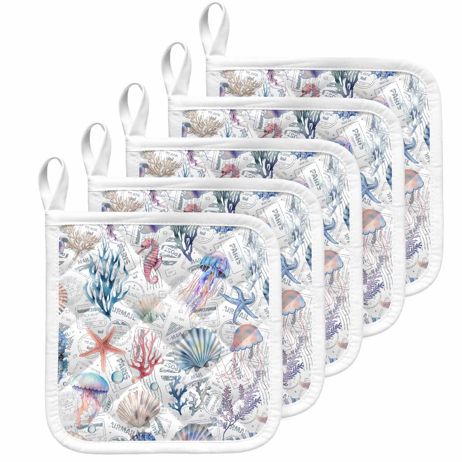 Blue Coastal Pot Holders for Kitchen Heatproof Potholder, 5 Pack Summer ...