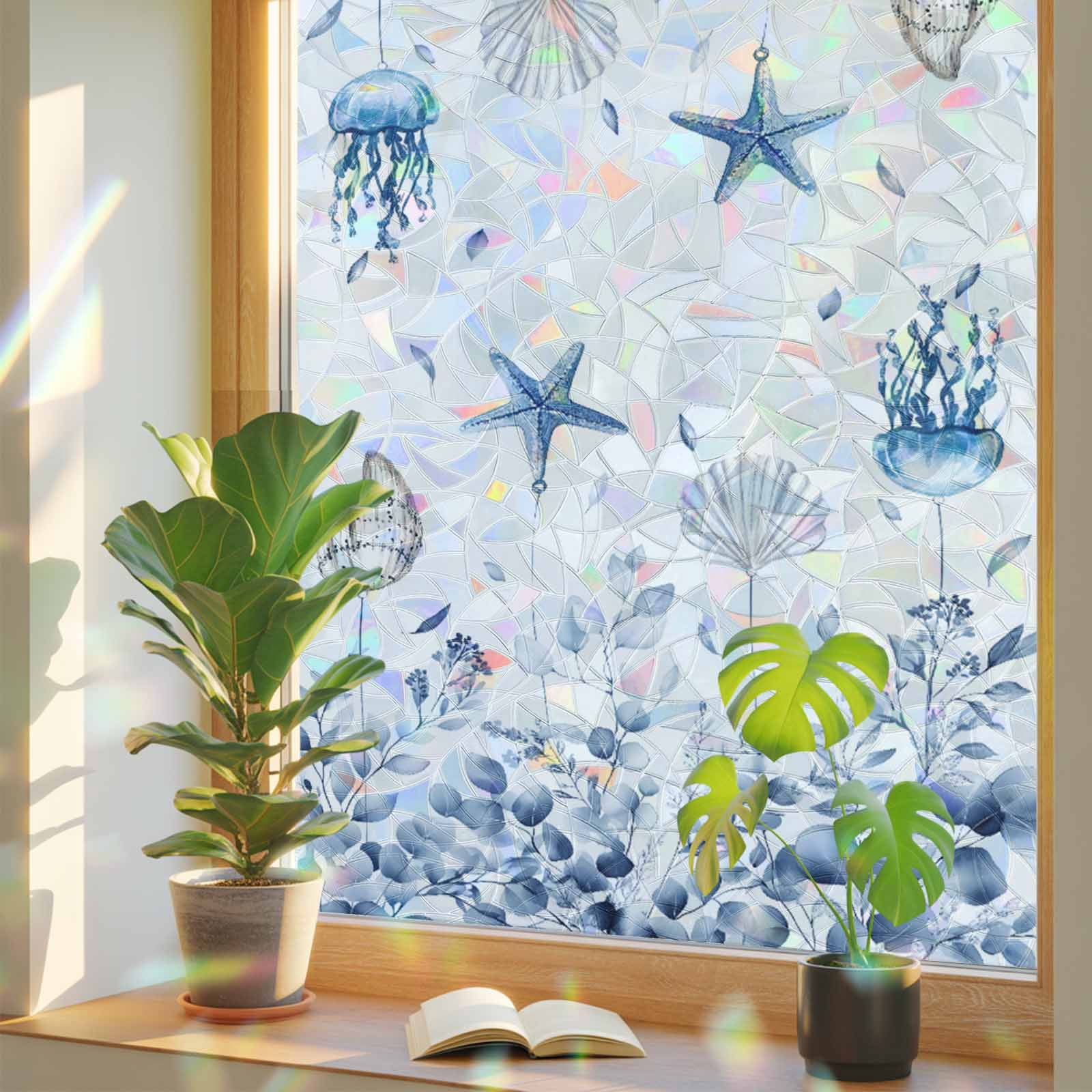 Blue Coastal Privacy Window Film,Decorative Stained Glass Window Film ...