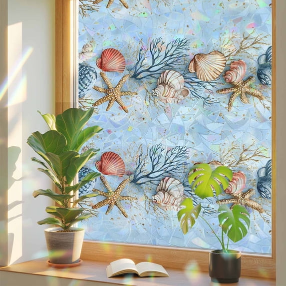 Blue Coastal Privacy Window Film, Decorative Stained Glass Window Film ...