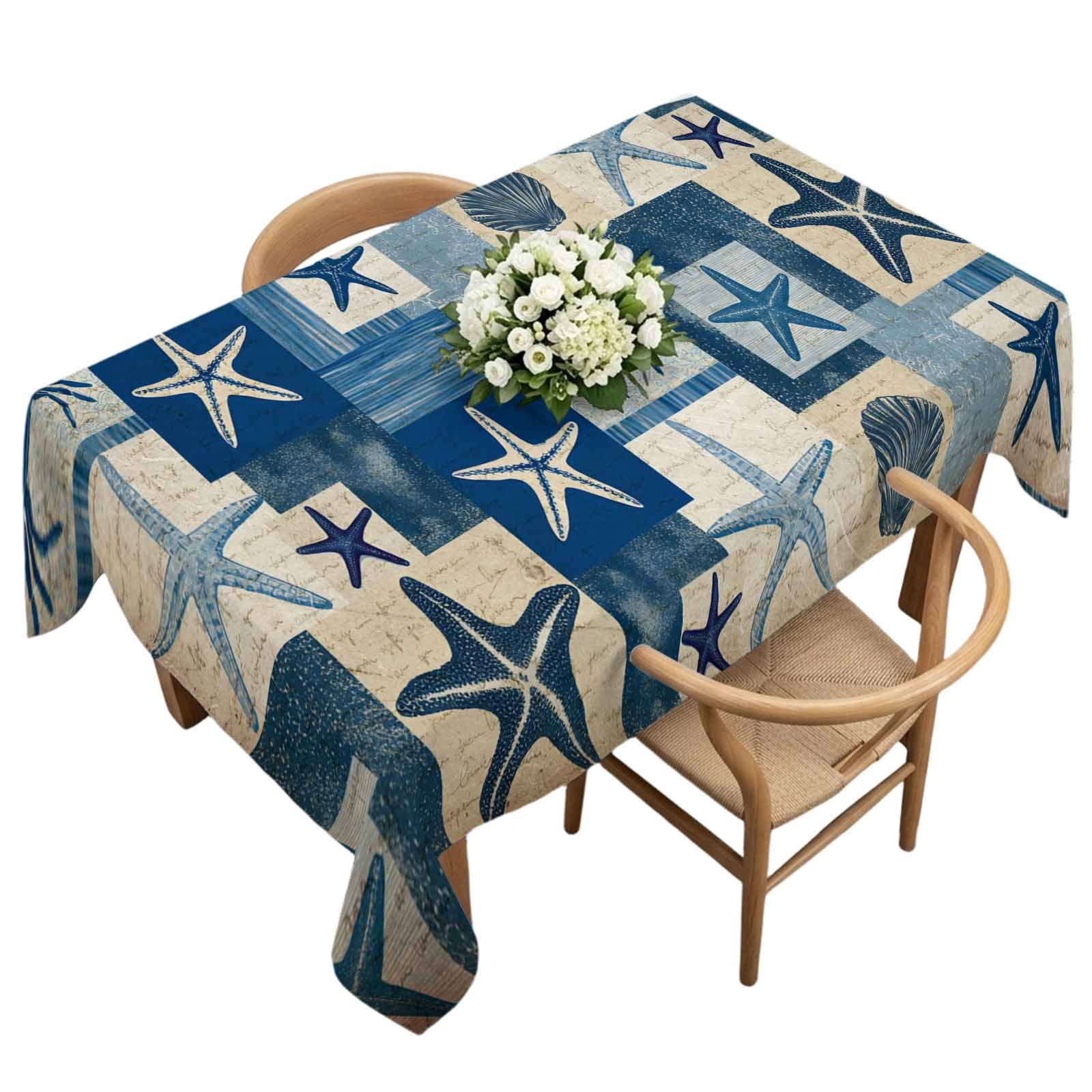 Blue Coastal Rectangle Tablecloth Summer Ocean Shell Crab Retro Ocean ...