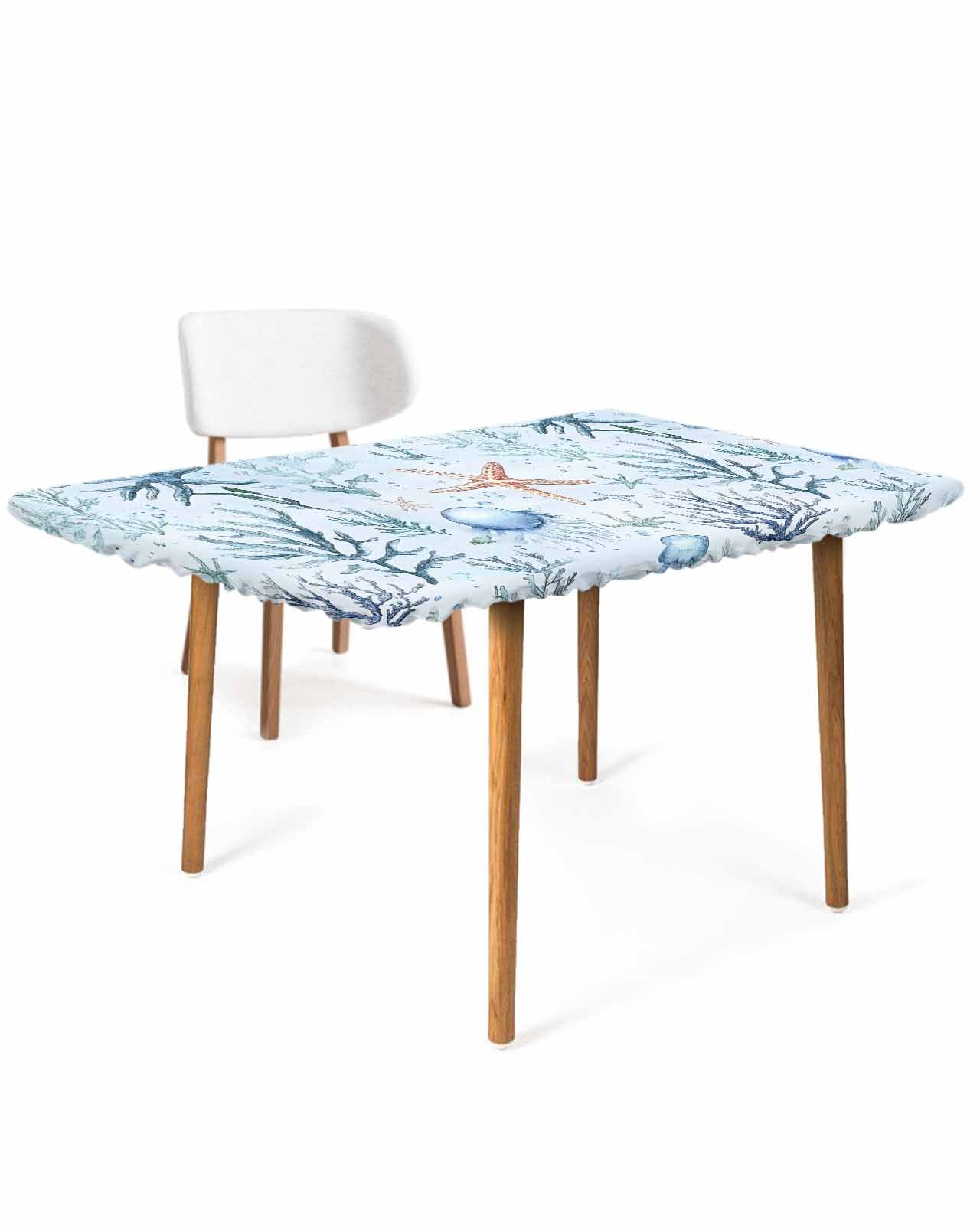 Blue Coastal Rectangle Tablecloth, Waterproof Elastic Fitted Table ...