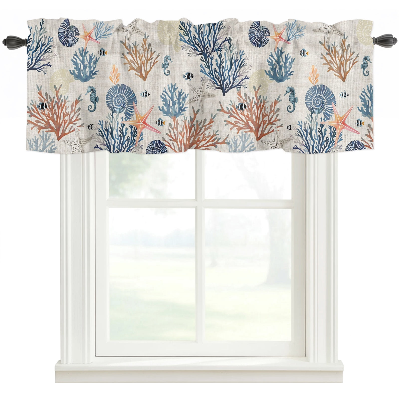 Blue Coastal Rod Pocket Curtain Valance, Summer Beach Coral Shell ...