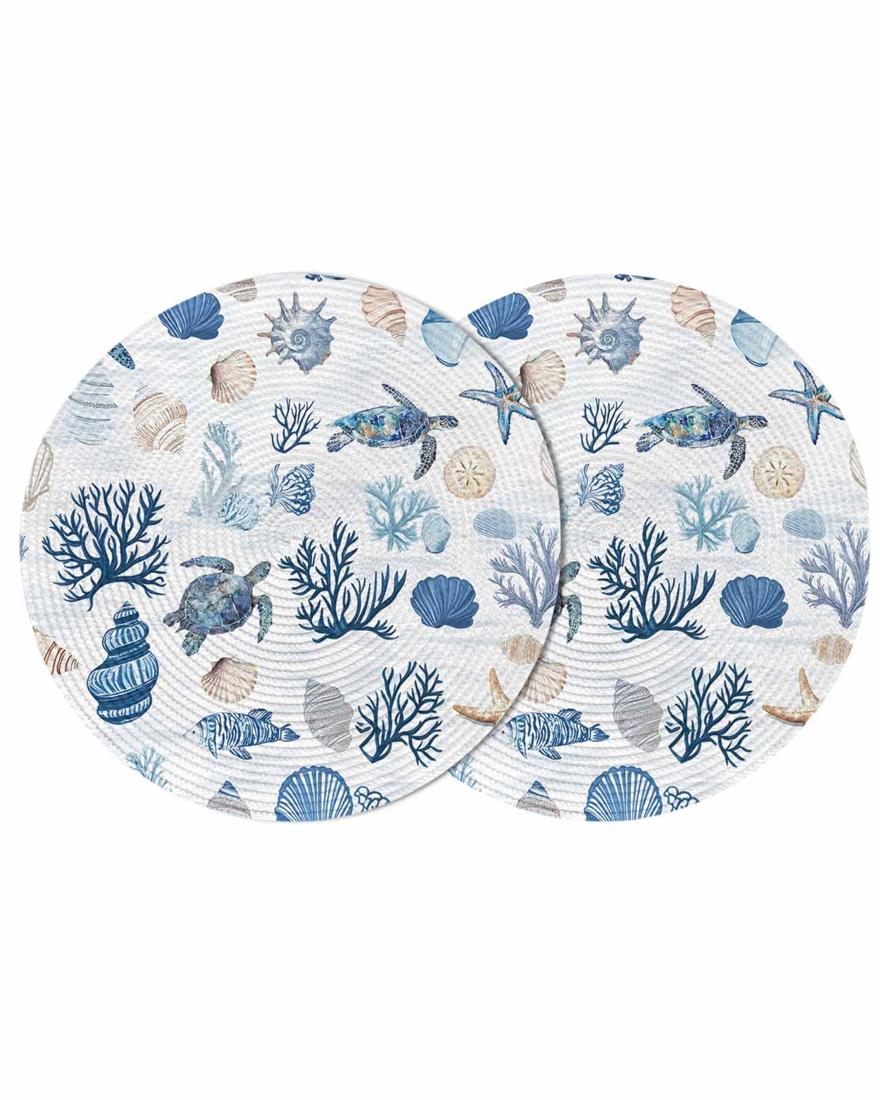 Blue Coastal Round 13 Inch Placemats Set of 2, Starfish Sea Turtle ...