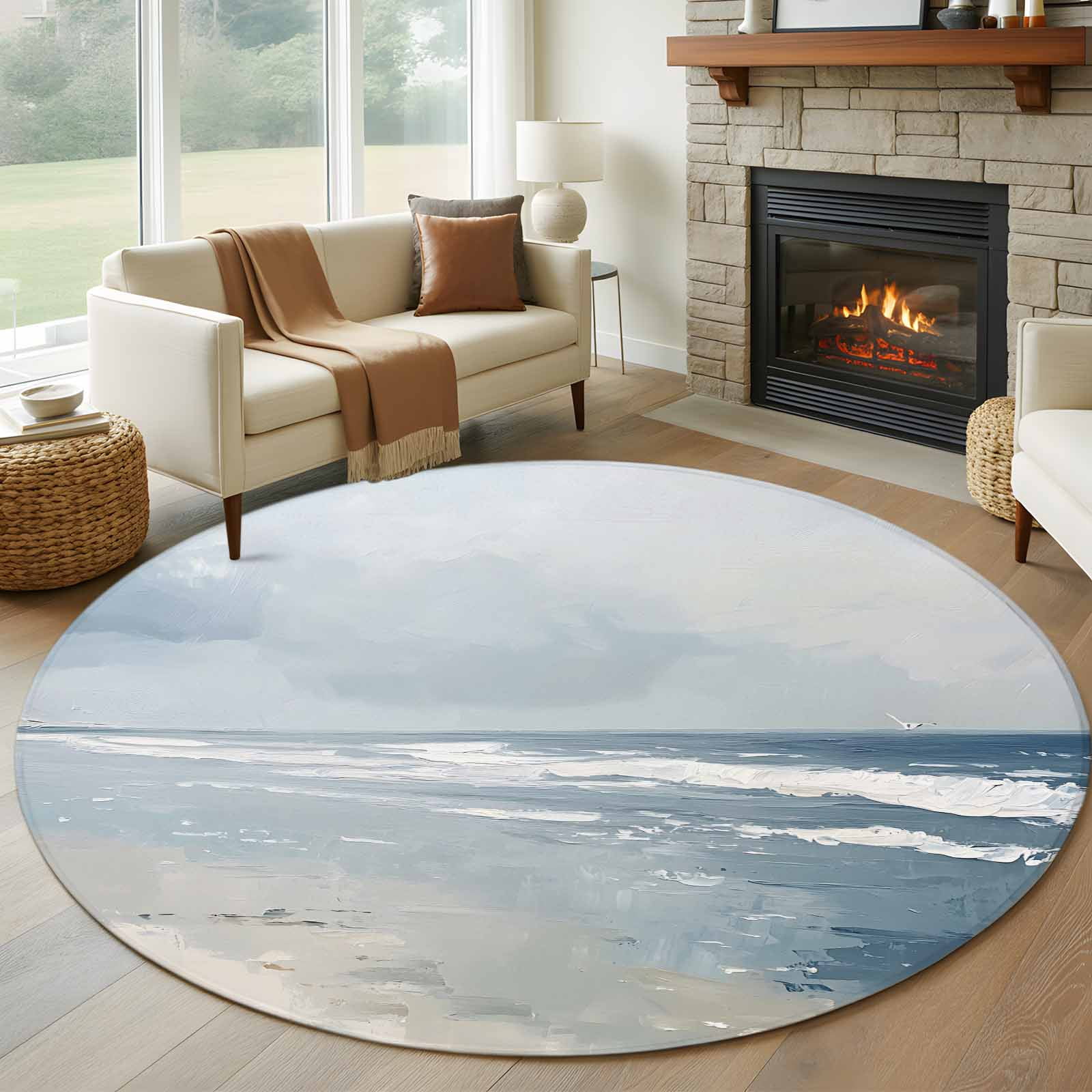 Blue Coastal Round Area Rug 6 FT, Non Slip Bedroom Rugs, Seaside Summer ...