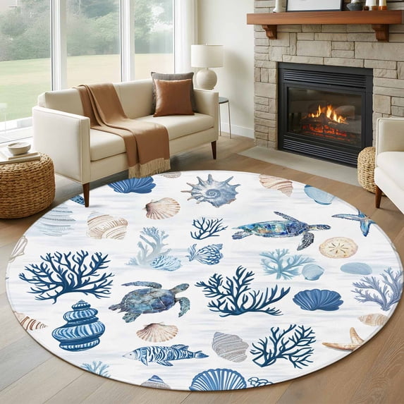 Blue Coastal Round Area Rug 6 FT, Non Slip Bedroom Rugs, Starfish Sea ...
