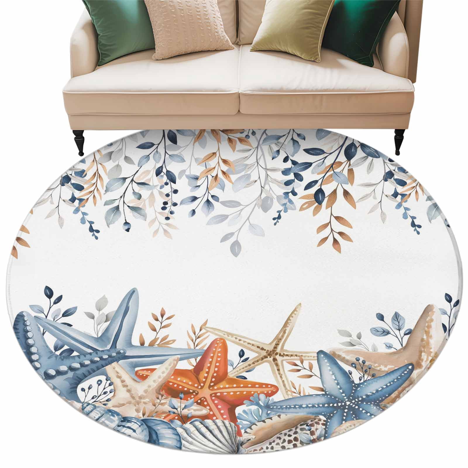 Blue Coastal Round Area Rugs Collection 5', Summer Beach Starfish ...