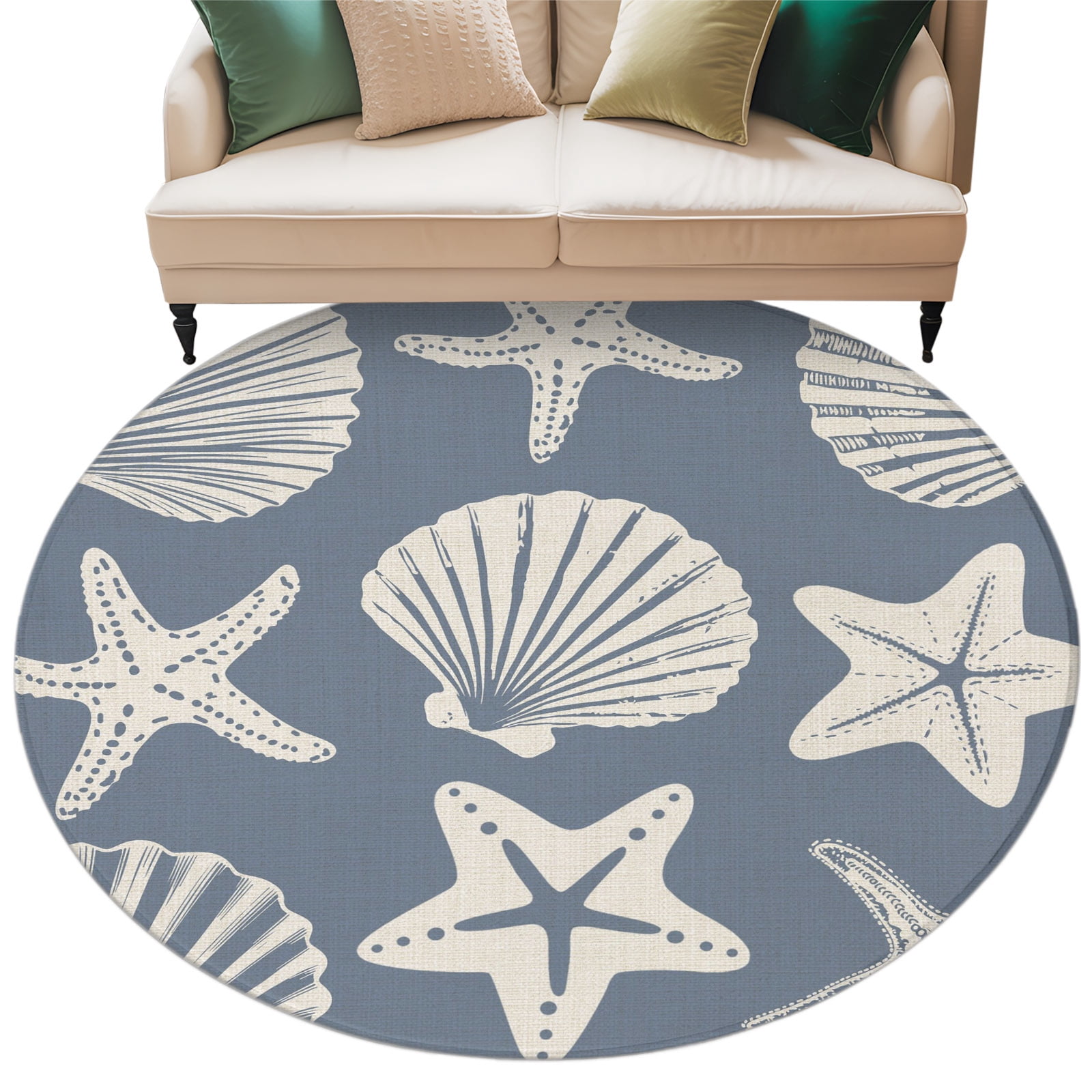 Blue Coastal Round Living Room Rugs 7 ft, Starfish Shell Ocean Nautical ...