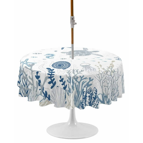Blue Coastal Round Outdoor Tablecloth, Waterproof Table Cloth Cover ...