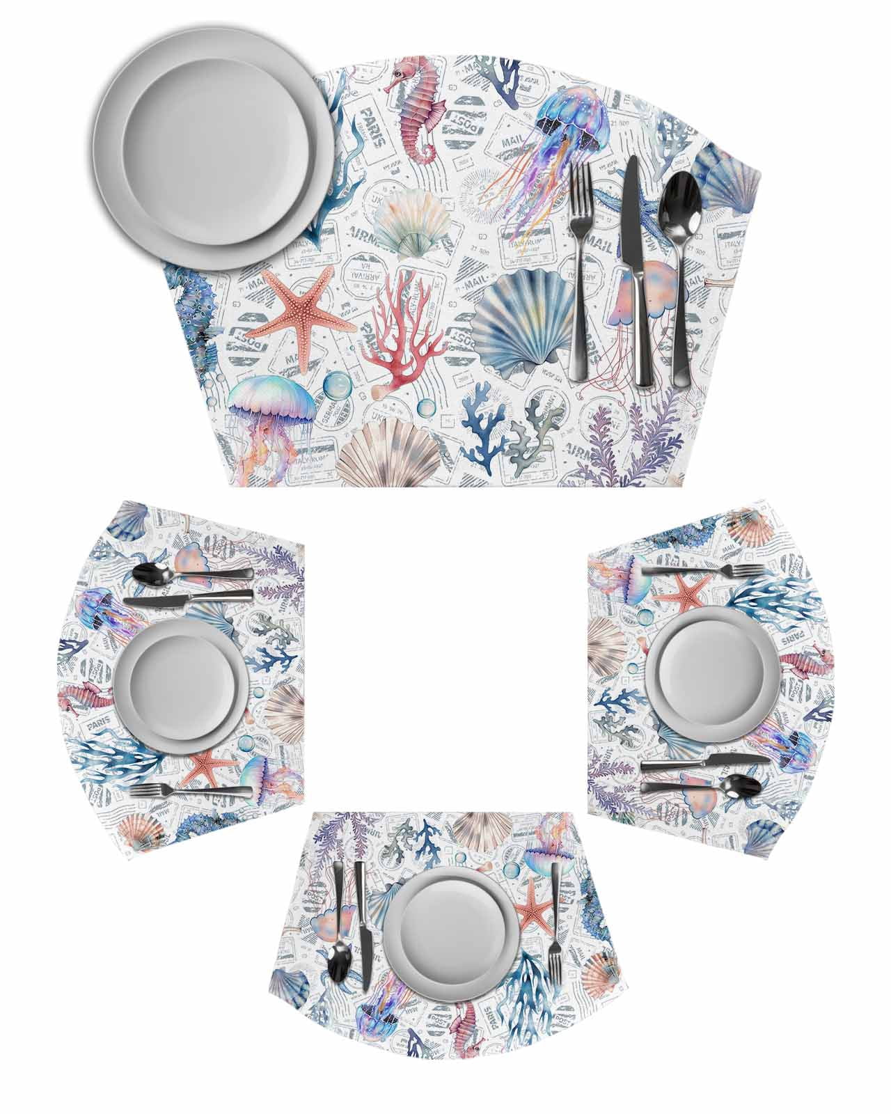 Blue Coastal Round Placemats Set of 4, Summer Coral Shell Sea Beach ...