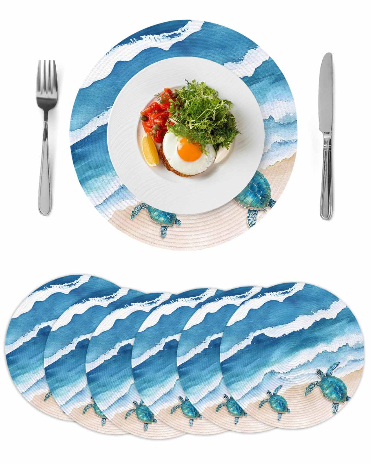 Blue Coastal Round Placemats Set of 6 for Dinning Tables,Heat-proof ...