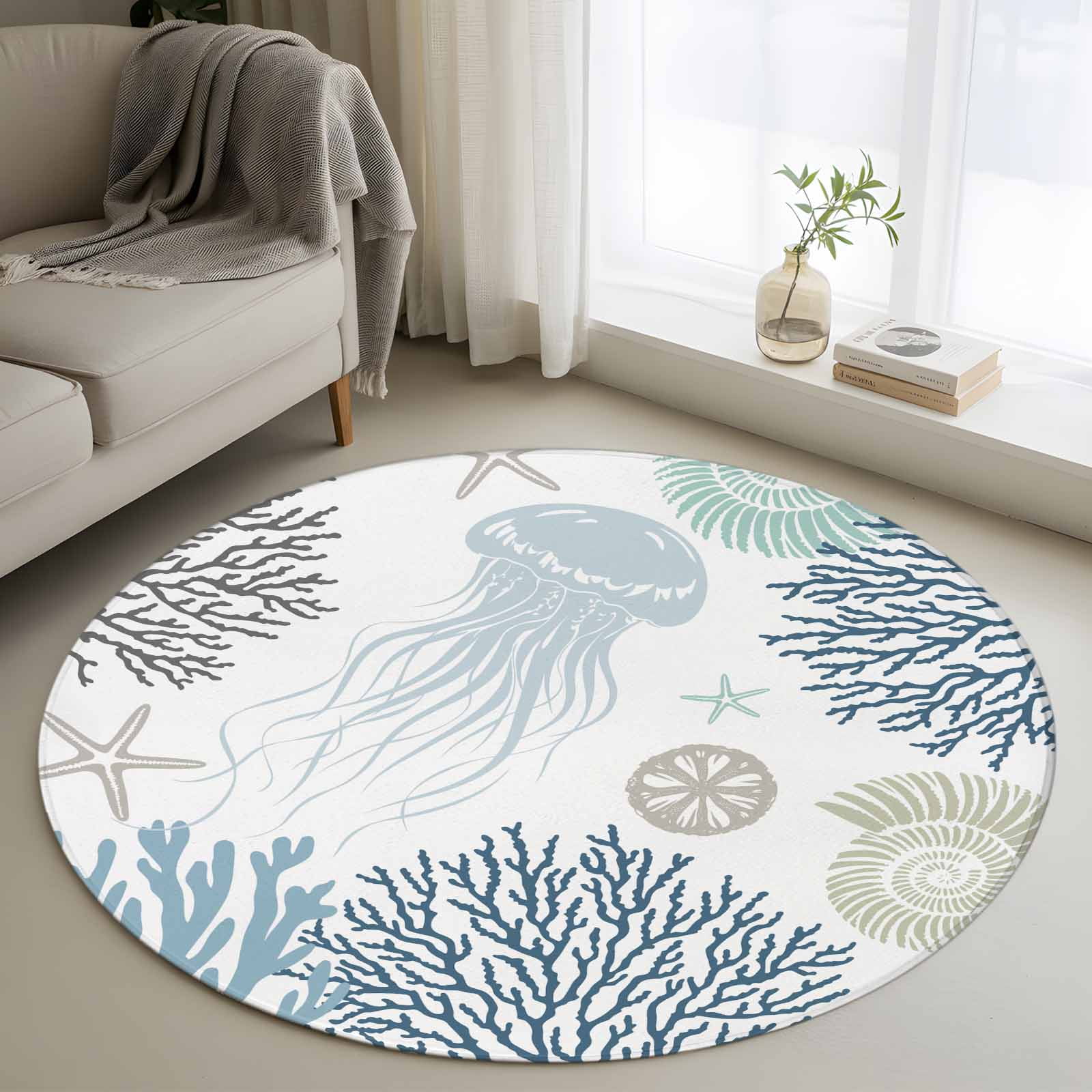 Blue Coastal Round Rug 3.3ft Washable Circle Entryway Rugs Non Slip Teal Coral Jellyfish ...