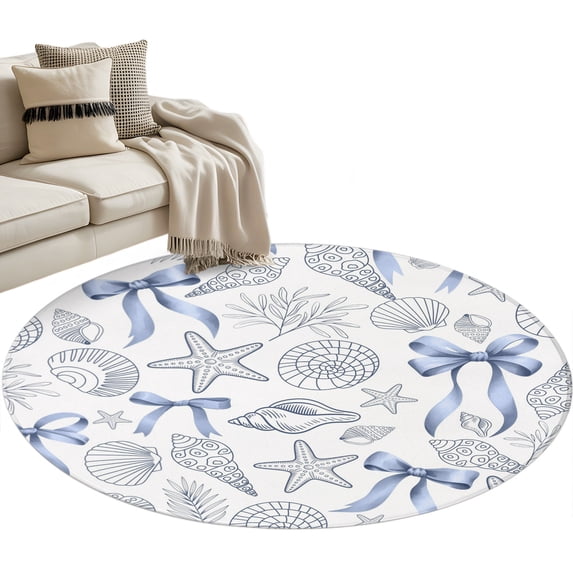 Blue Coastal Round Rug 4ft Washable Circle Entryway Rugs Non Slip Bow ...