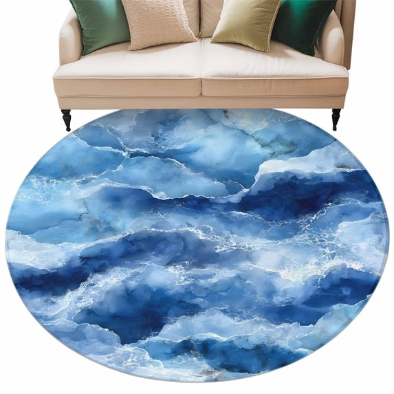 Blue Coastal Round Rug 7ft Washable Circle Rugs Non Slip Modern ...