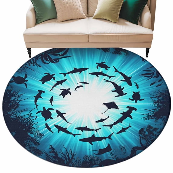 Blue Coastal Round Rug 8ft Washable Circle Rugs Non Slip Nautical Fish ...