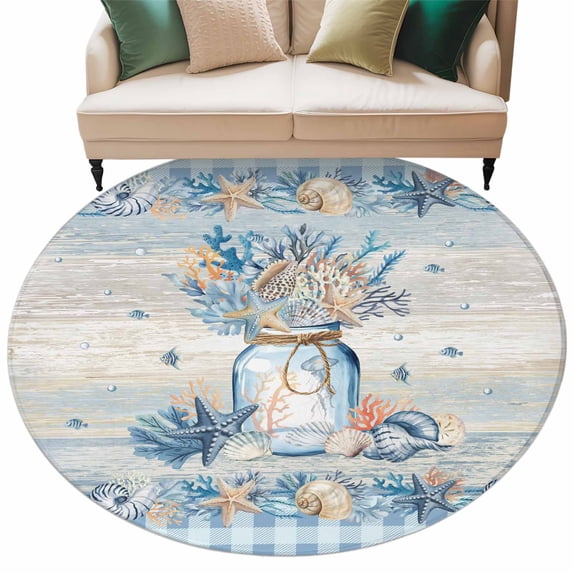 Blue Coastal Round Rug 8ft Washable Circle Rugs Non Slip Summer Beach ...