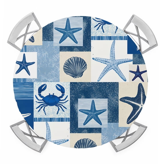 Blue Coastal Round Table Cover, Summer Ocean Shell Crab Ocean ...