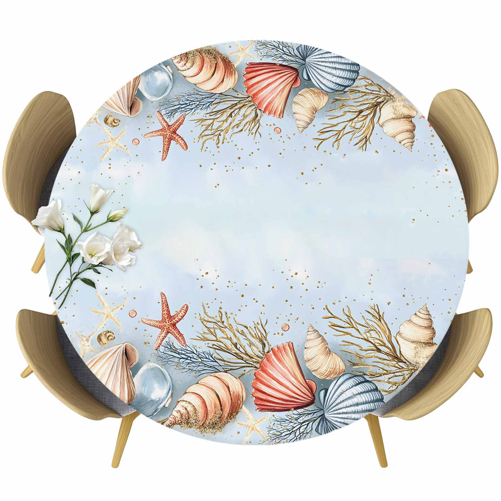 Blue Coastal Round Tablecloth 36-44 Inch Round Fitted Table Cloth with Elastic Edge, Summer ...