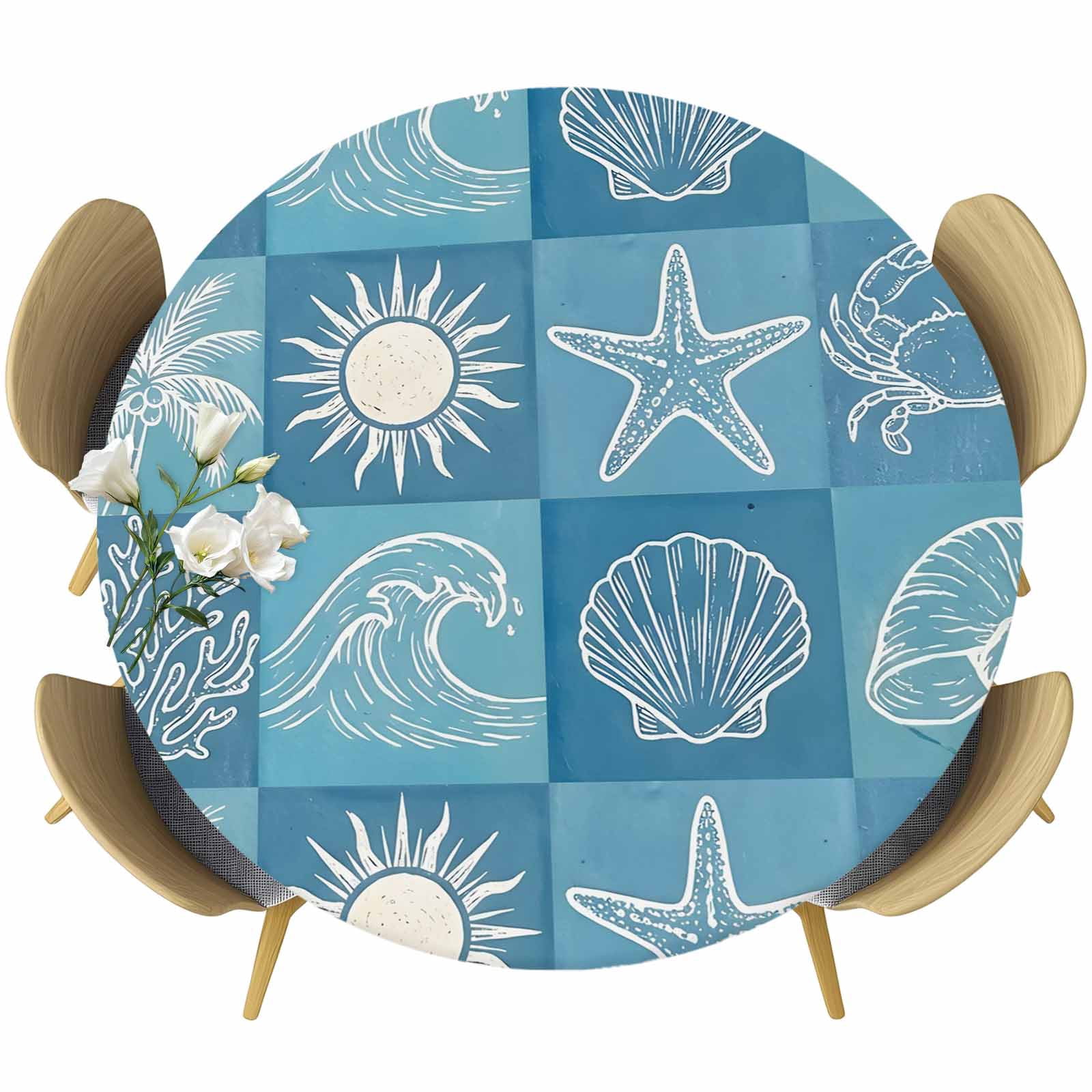 Blue Coastal Round Tablecloth 45-54 Inch Round Fitted Table Cloth with ...