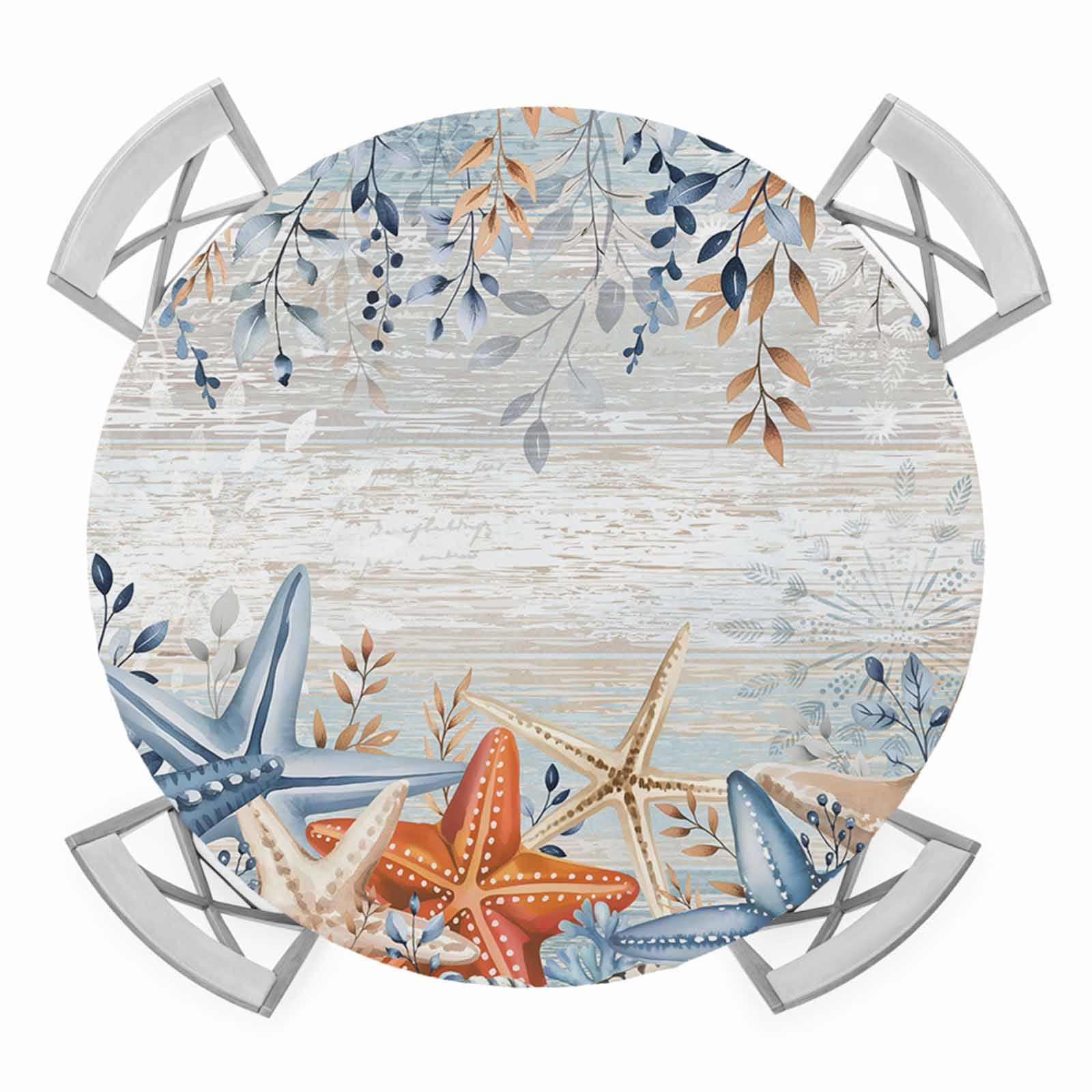 Blue Coastal Round Tablecloth for 45-54 Inch Tables,Fitted Table Cover ...