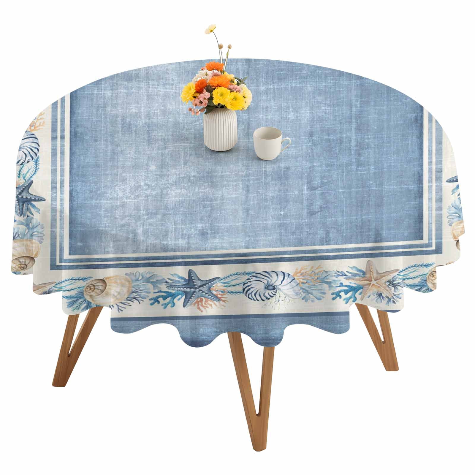Blue Coastal Round Tablecloth 60 inches Vintage Beach Starfish Shell ...