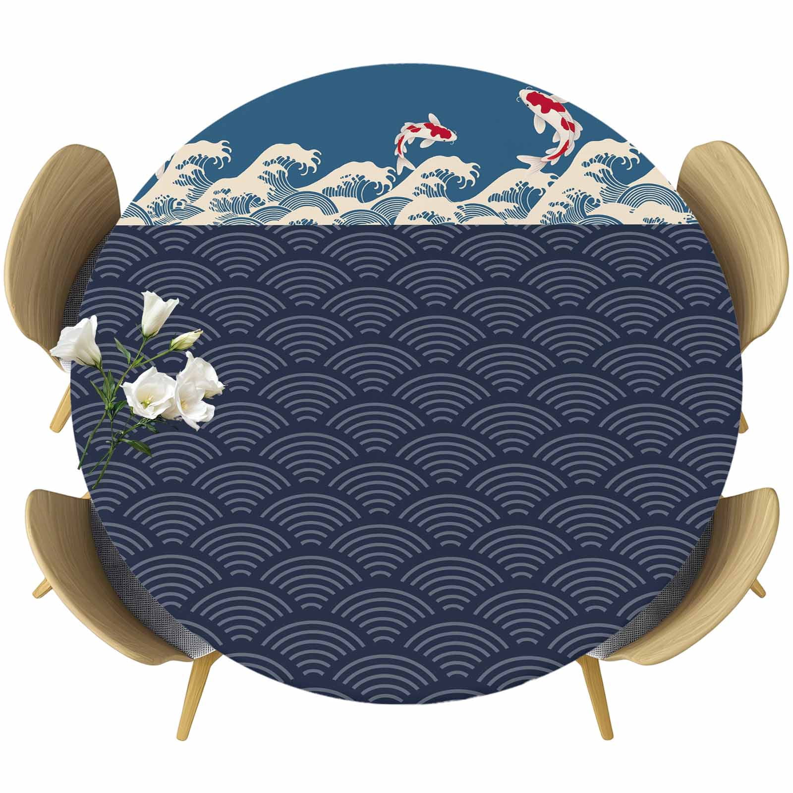 Blue Coastal Round Tablecloth, Fitted Table Cover with Elastic for 36 ...
