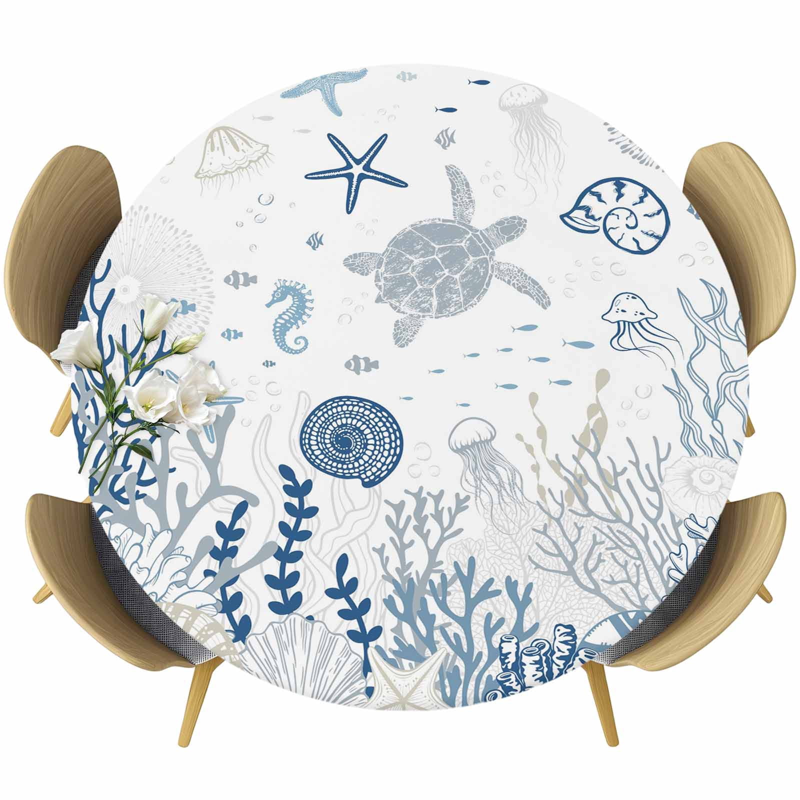Blue Coastal Round Tablecloth, Fitted Table Cover with Elastic for 36 ...