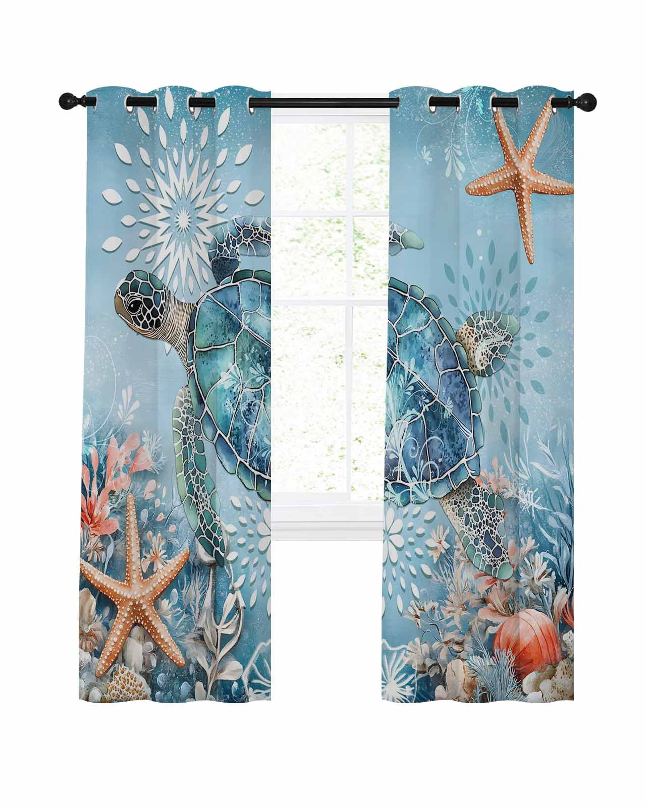 Blue Coastal Sea Turtle Blackout Curtain 39 Inch Length 2 Panels Set ...