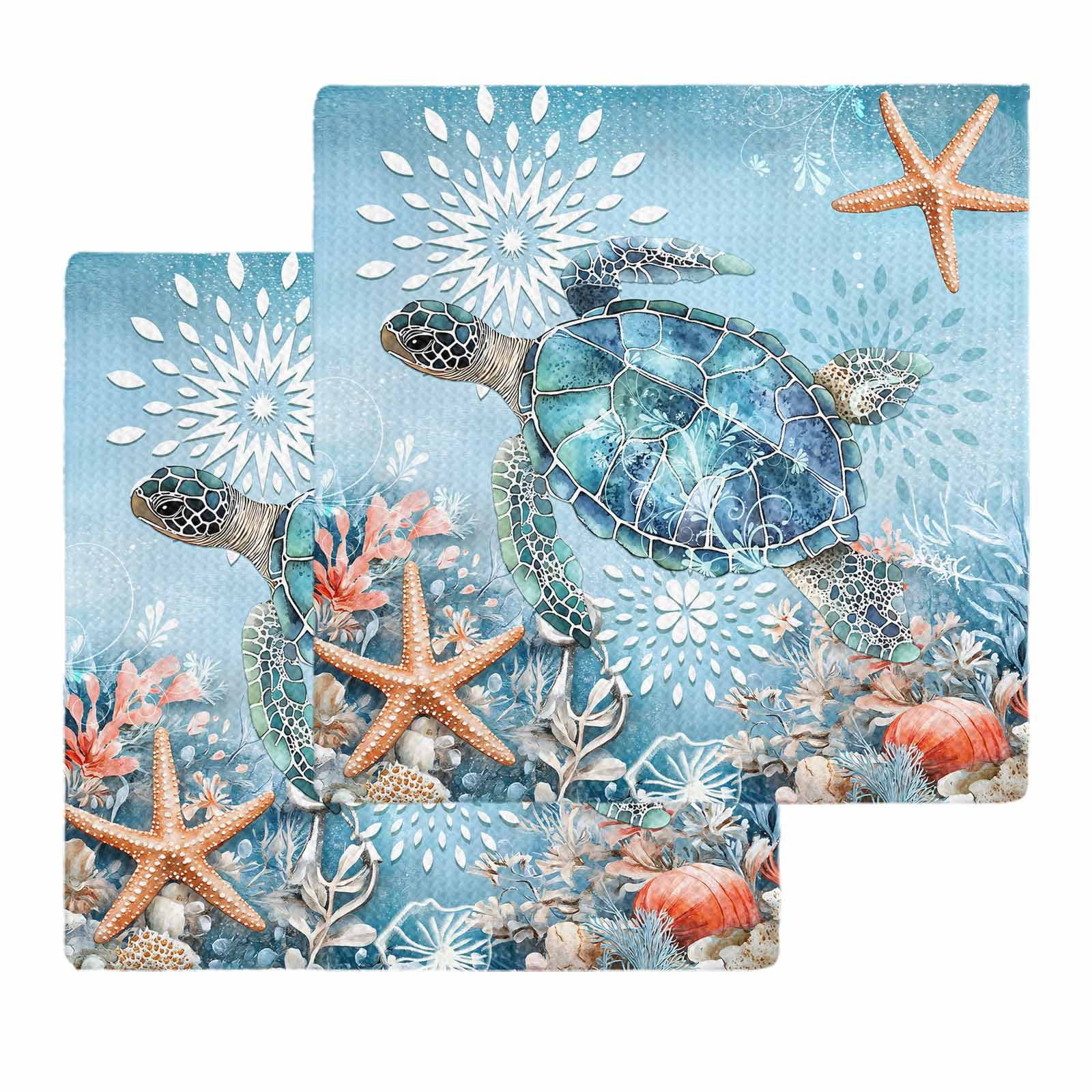 Blue Coastal Sea Turtle Dish Towels Set, Waffle Weave Kitchen Towels 2 ...