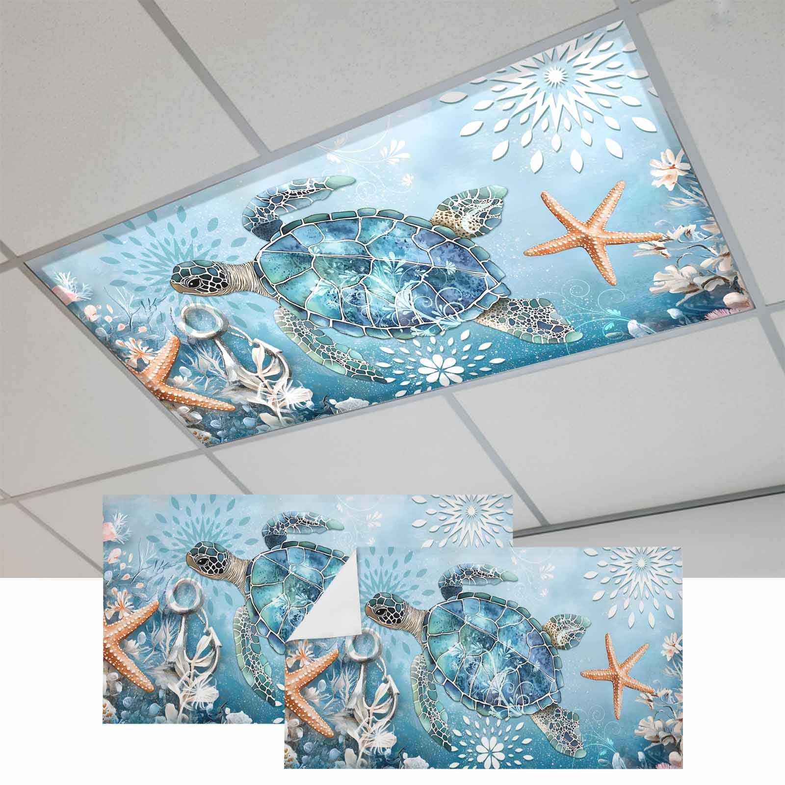 Blue Coastal Sea Turtle Fluorescent Light Covers, Summer Beach Starfish ...
