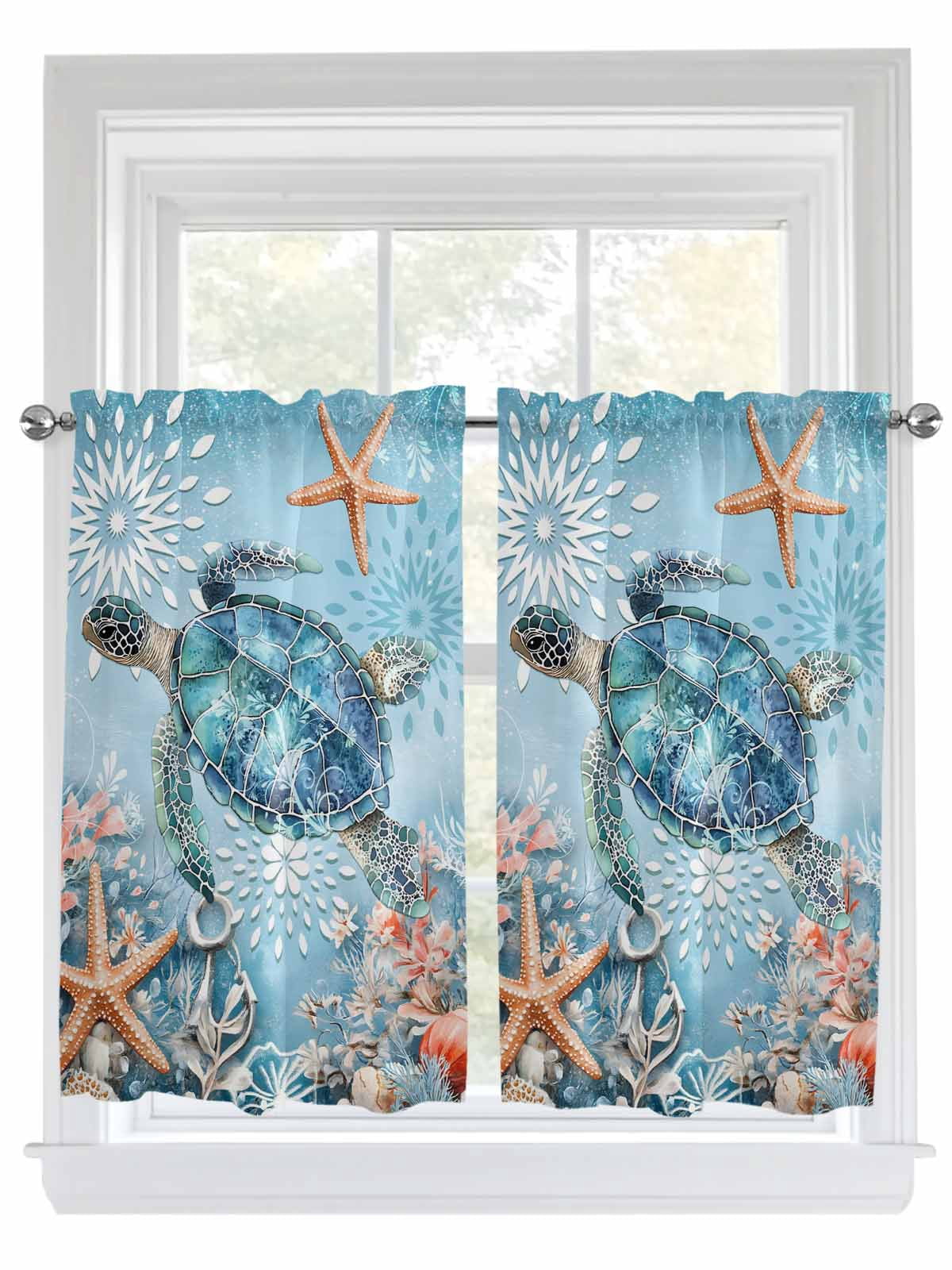 Blue Coastal Sea Turtle Kitchen Curtains 54 Inch Length, Summer Beach ...