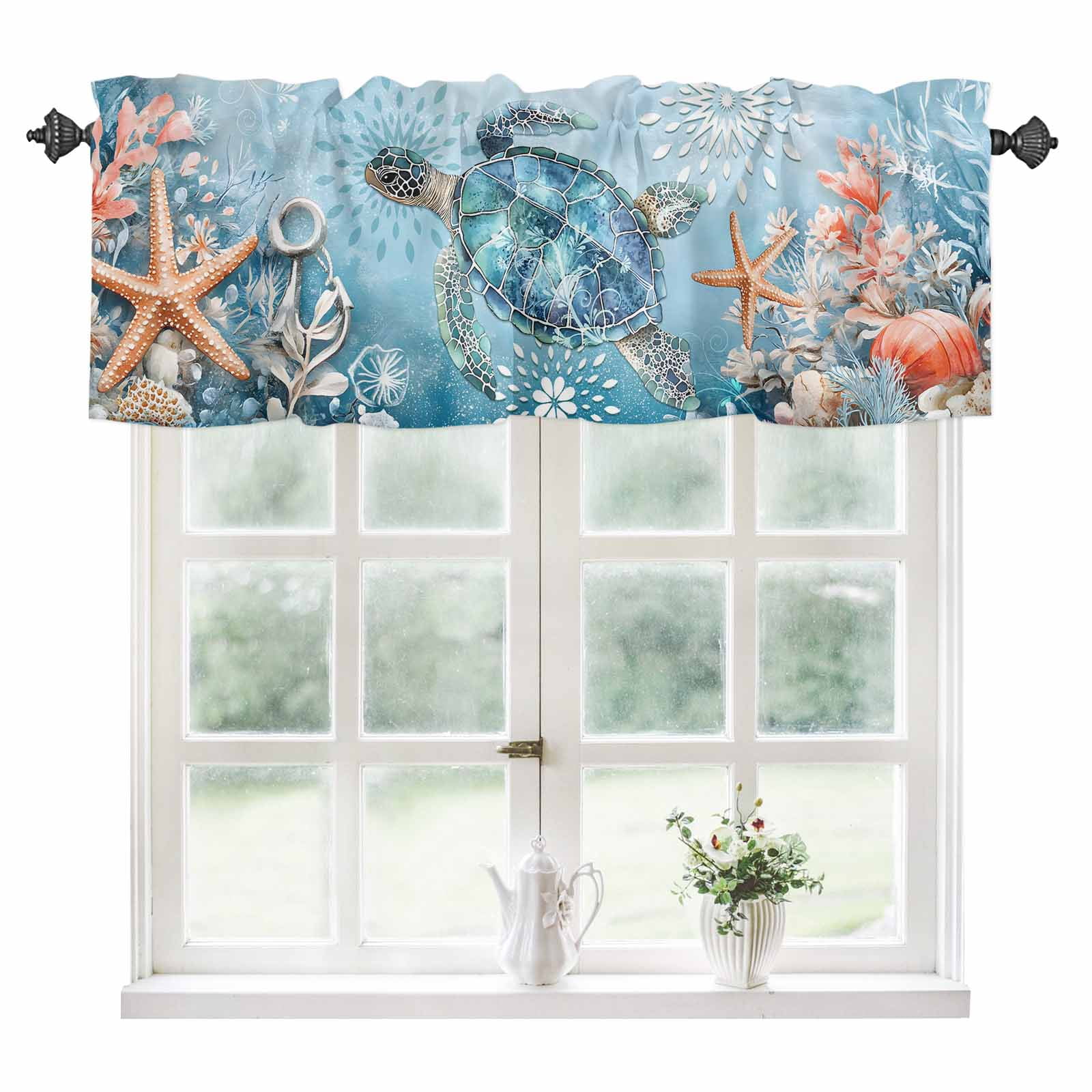 Blue Coastal Sea Turtle Kitchen Valances for Windows 42x12 Inch Kitchen ...