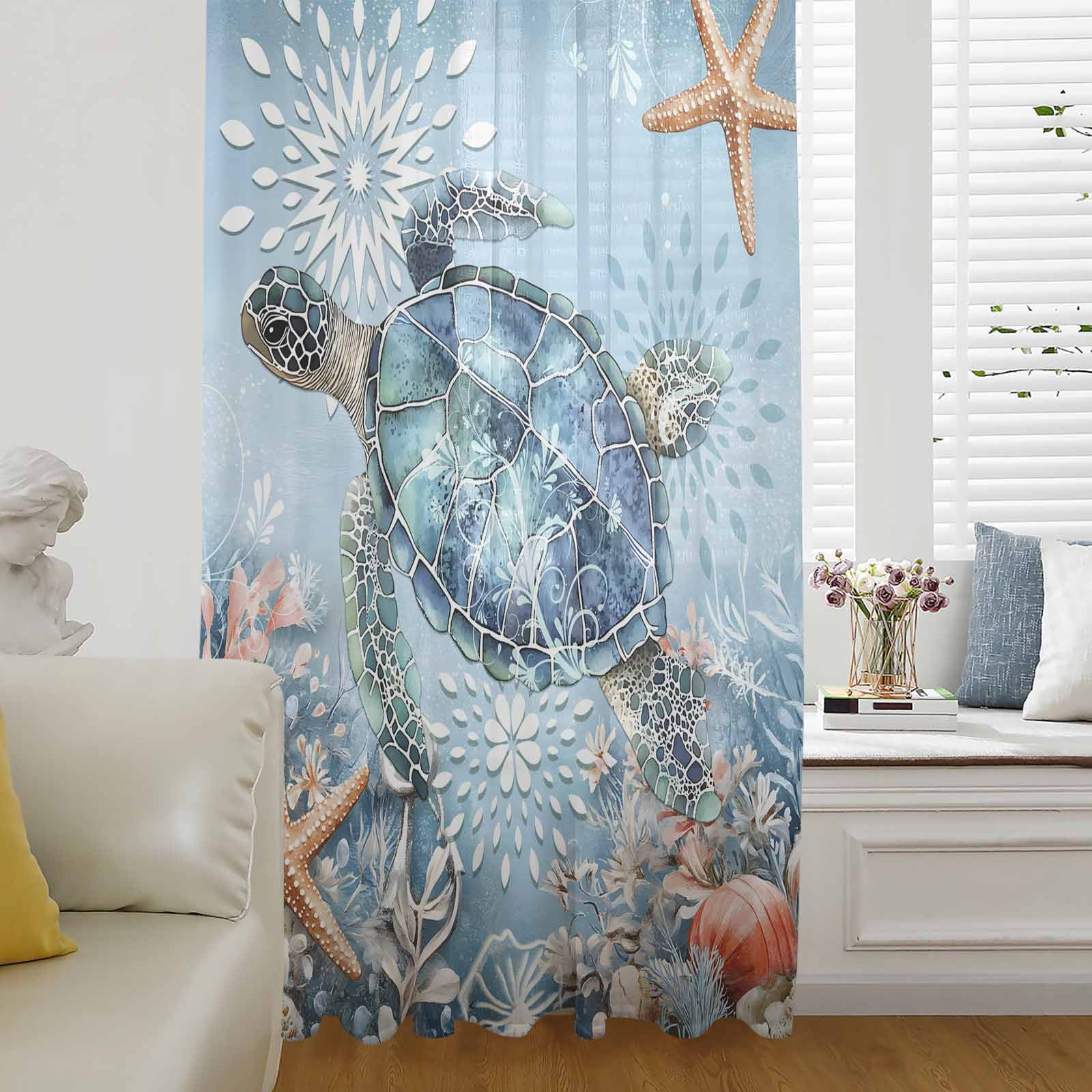 Blue Coastal Sea Turtle Semi Sheer Curtains Drapes for Living Room ...