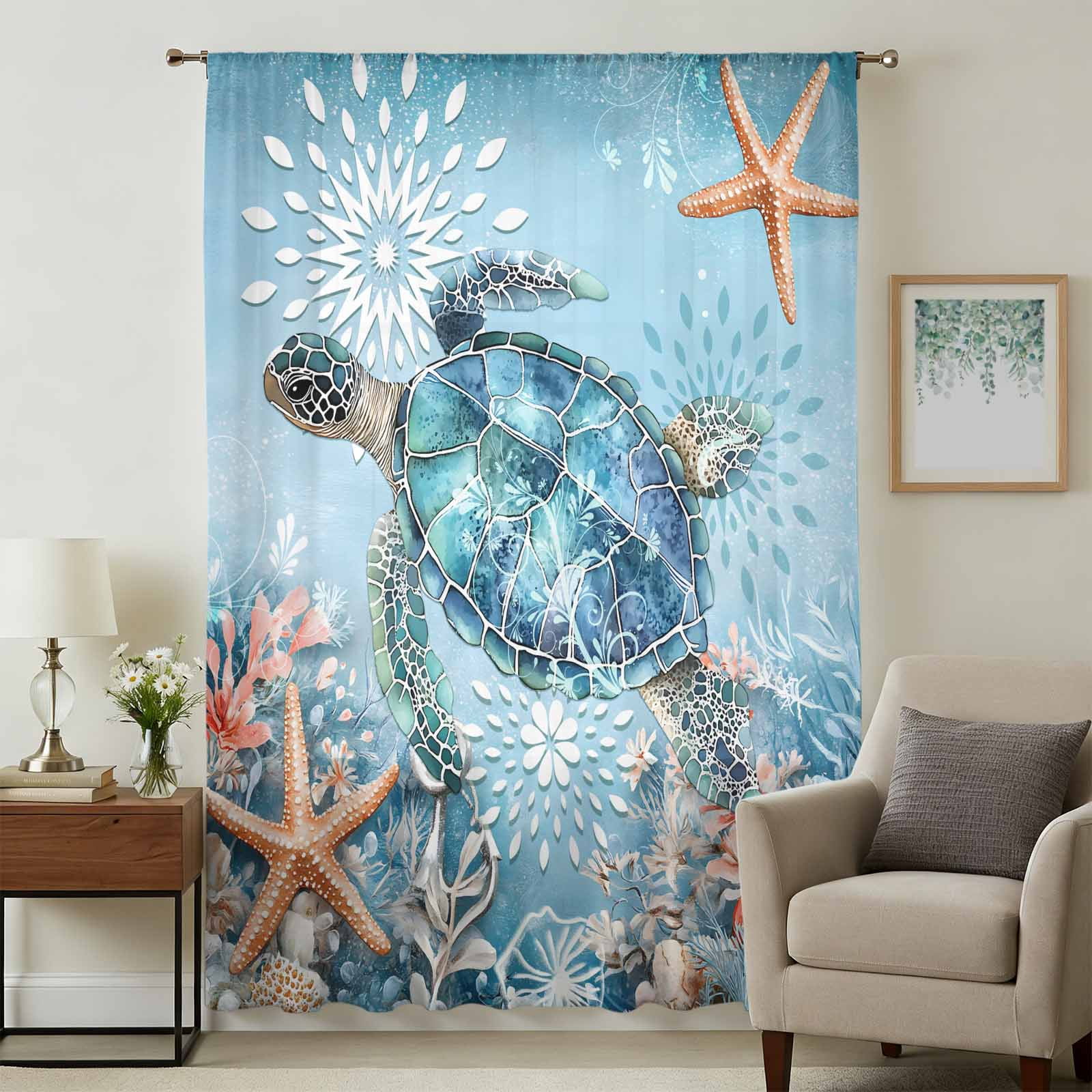 Blue Coastal Sea Turtle Sheer Curtains 108" Extra Long, Summer Beach ...