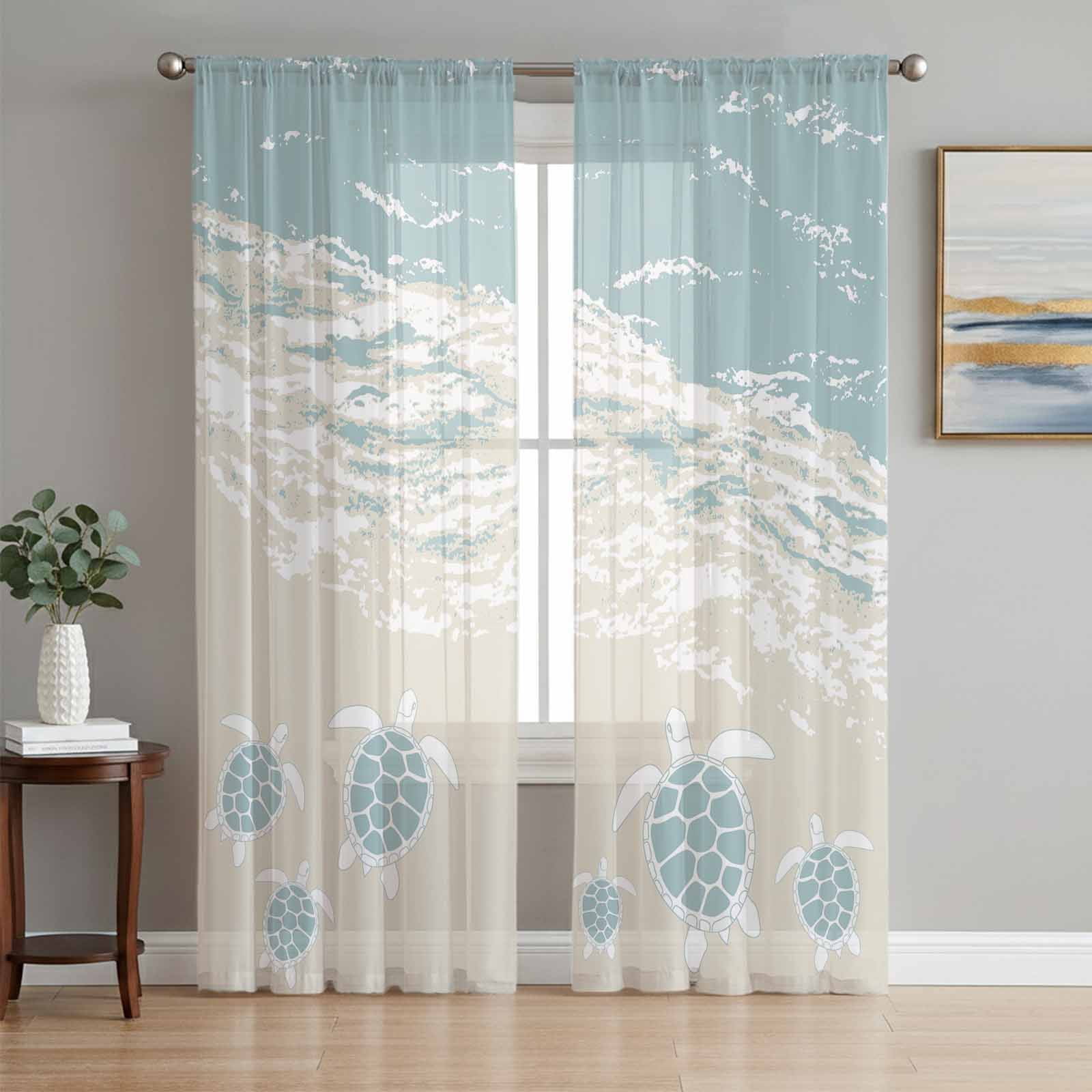 Blue Coastal Sea Turtle Sheer Curtains 63 Inch Length 2 Panels Set ...