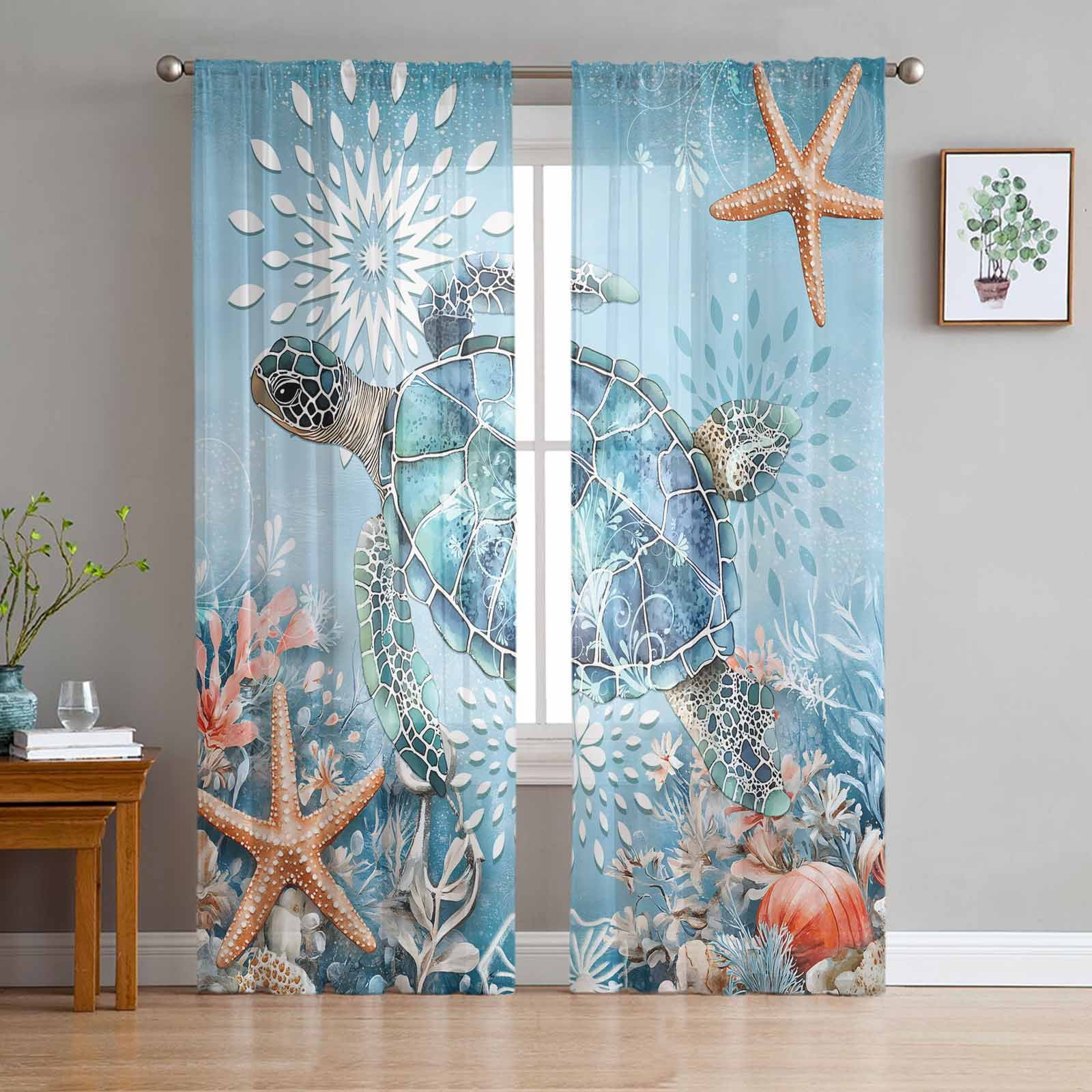 Blue Coastal Sea Turtle Sheer Curtains 96 Inch Length 2 Panels Set for ...